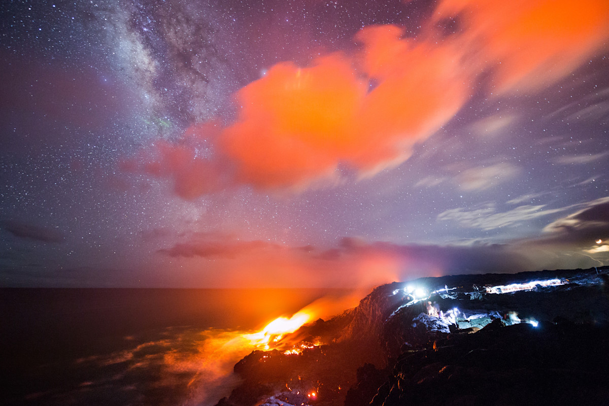 Heaven and Earth: Lava Falls into the Ocean Under a Starry Sky ...